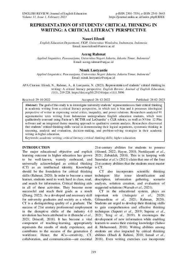 (PDF) Representation of Students’ Critical Thinking in Writing: A ...