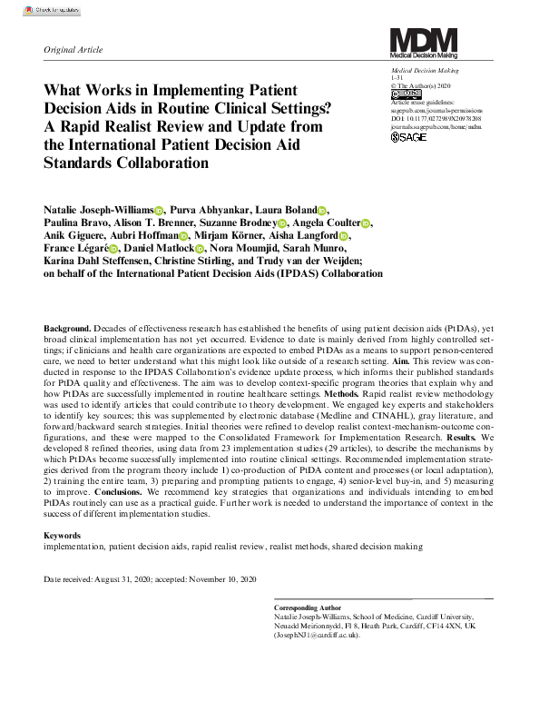 (PDF) What Works in Implementing Patient Decision Aids in Routine ...