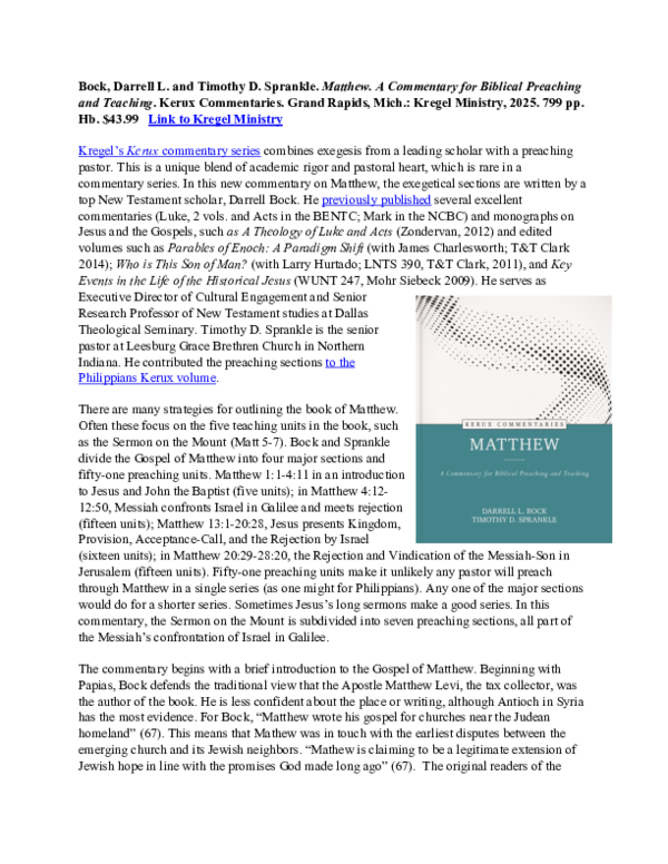 (PDF) Darrell L. Bock and Timothy D. Sprankle. Matthew. A Commentary ...