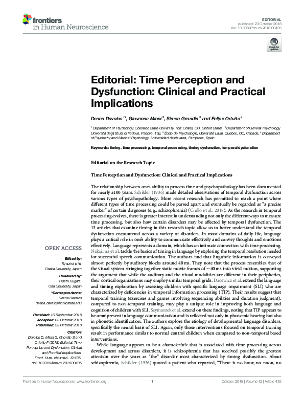 (PDF) Editorial: Time Perception and Dysfunction: Clinical and ...