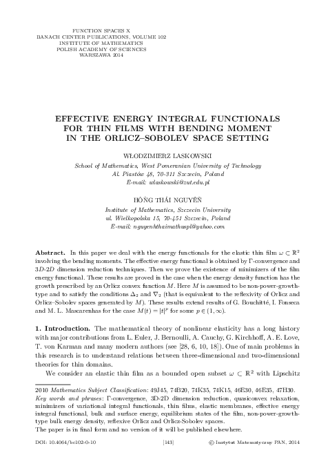 (PDF) Effective energy integral functionals for thin films with bending ...