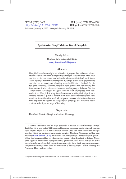 (PDF) Apistotokin: Naapi 1 Makes a World Complete