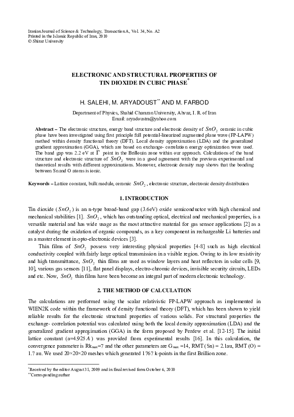 (PDF) Electronic and Structural Properties of Tin Dioxide in Cubic Phase