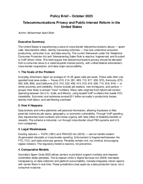 (PDF) Policy Brief -October 2025 Telecommunications Privacy and Public ...