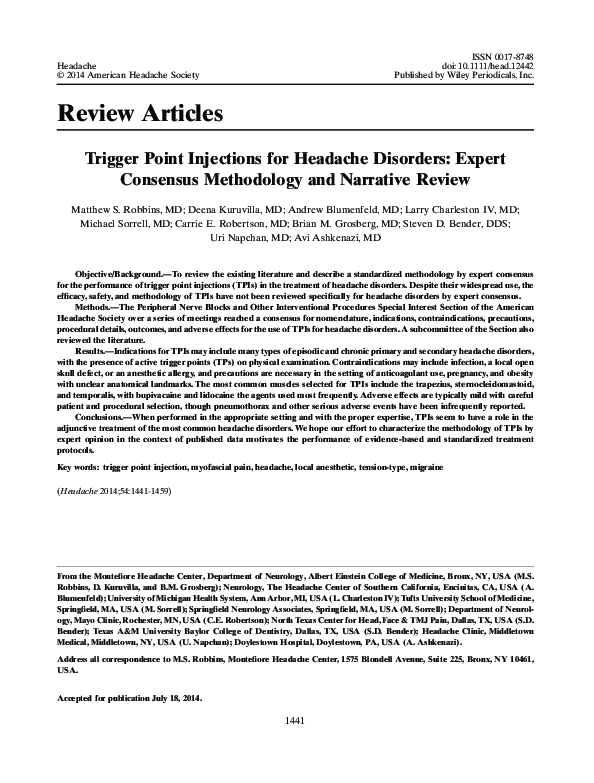 (PDF) Trigger Point Injections for Headache Disorders: Expert Consensus ...
