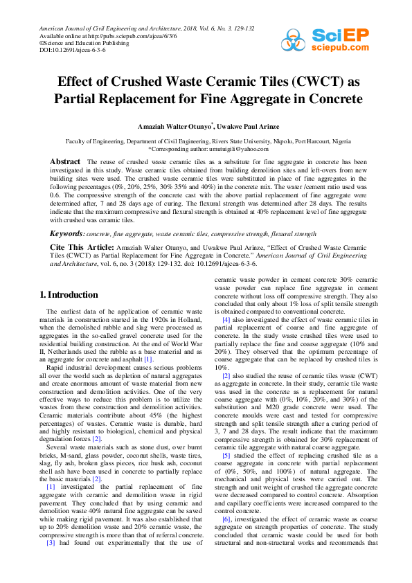 (PDF) Effect of Crushed Waste Ceramic Tiles (CWCT) as Partial ...