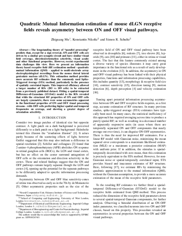 (PDF) Quadratic Mutual Information estimation of mouse dLGN receptive ...