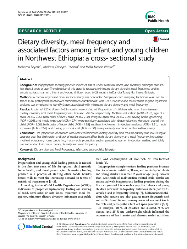 (PDF) Dietary diversity, meal frequency and associated factors among ...