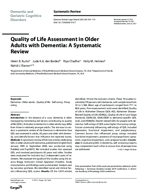 (PDF) Quality of Life Assessment in Older Adults with Dementia: A ...