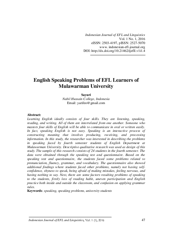 (PDF) Problems in Speaking Faced By EFL Students of Mulawarman University