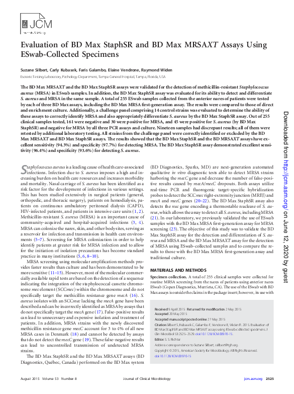 (PDF) Evaluation of BD Max StaphSR and BD Max MRSA XT Assays Using ...
