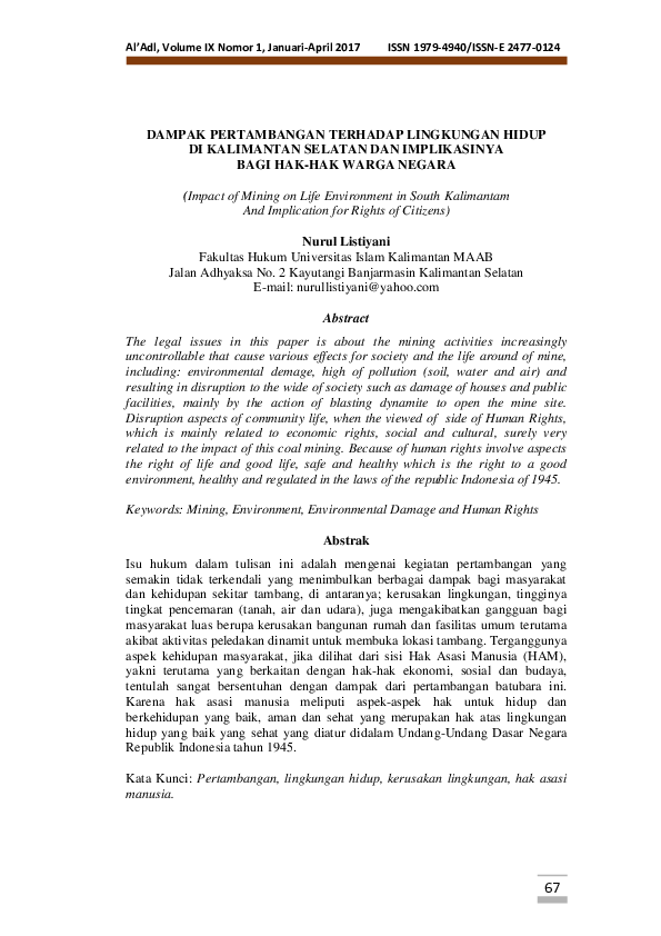 (PDF) Dampak Pertambangan Terhadap Lingkungan Hidup DI Kalimantan Selatan Dan Implikasinya Bagi ...