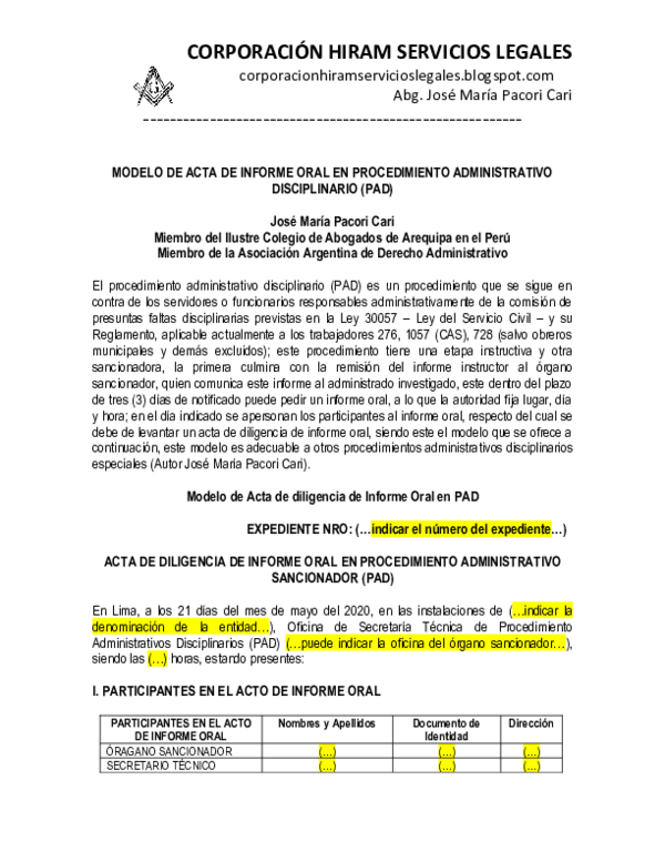 (PDF) MODELO ACTA DE INFORME ORAL EN PROCEDIMIENTO ADMINISTRATIVO ...