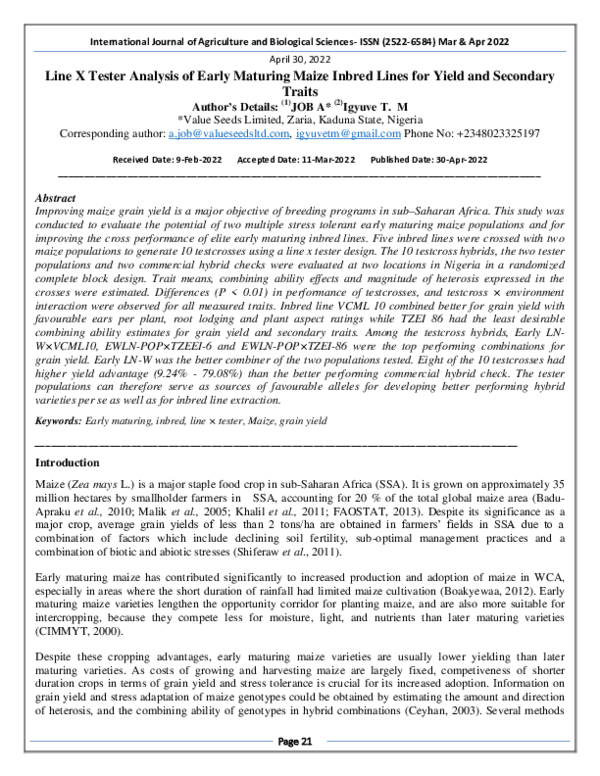 (PDF) Line X Tester Analysis of Early Maturing Maize Inbred Lines for ...