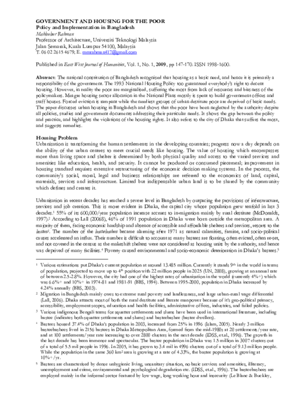 (PDF) GOVERNMENT AND HOUSING FOR THE POOR Policy and Implementation in ...