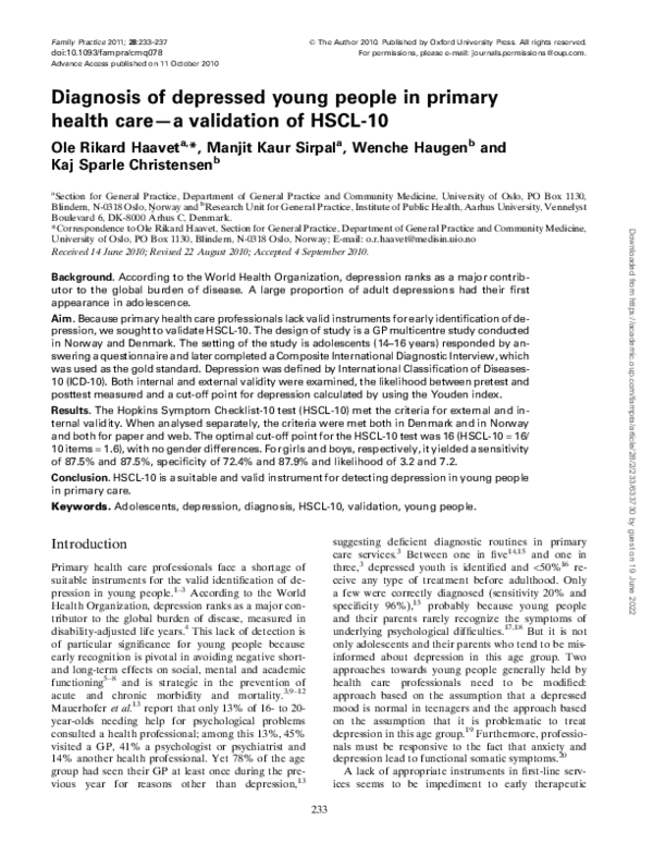 (PDF) Diagnosis of depressed young people in primary health care--a ...