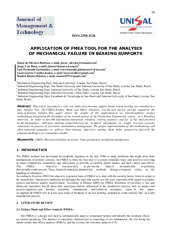 (PDF) Application of Fmea Tool for the Analysis of Mechanical Failure ...