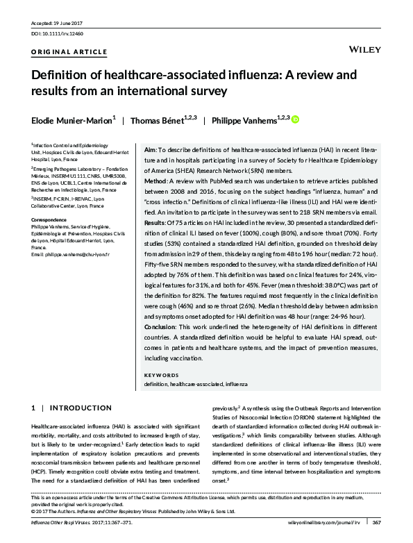(PDF) Definition of healthcare-associated influenza: A review and ...
