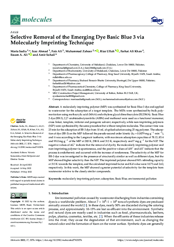 (PDF) Selective Removal of the Emerging Dye Basic Blue 3 via ...