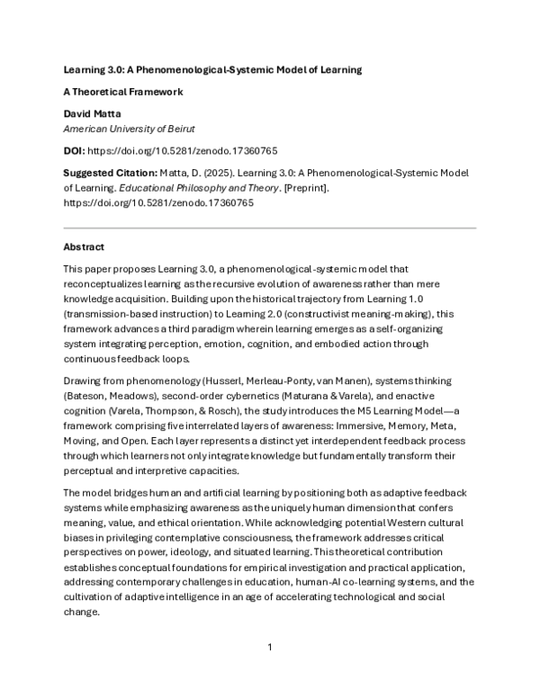 Pdf Learning 30 A Phenomenological Systemic Model Of Learning A 3308