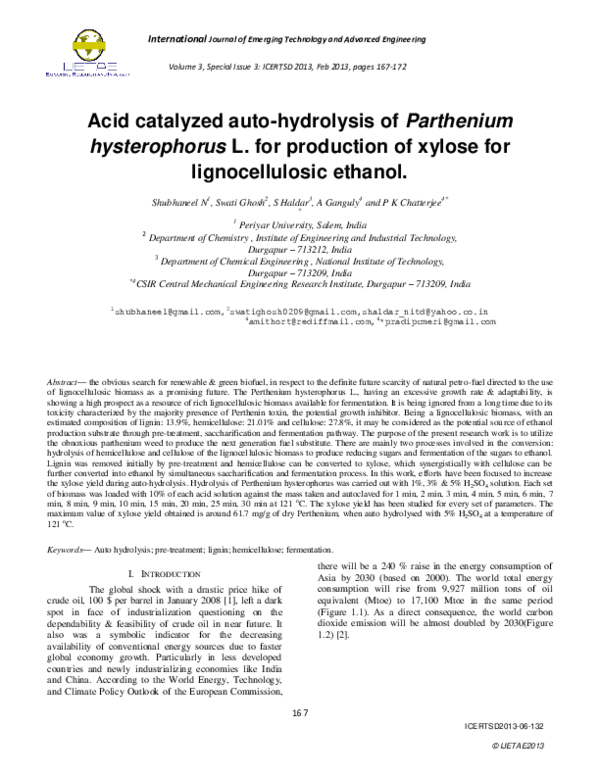 (PDF) Acid catalyzed auto-hydrolysis of Parthenium hysterophorus L. for ...