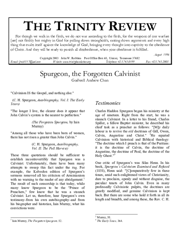 (PDF) Spurgeon, the Forgotten Calvinist: THE TRINITY REVIEWGodwell by ...