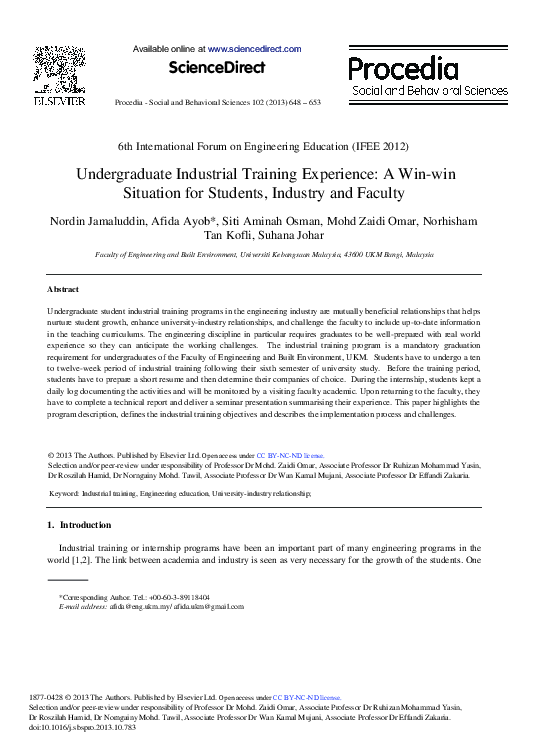 (PDF) Undergraduate Industrial Training Experience: A Win-win Situation ...
