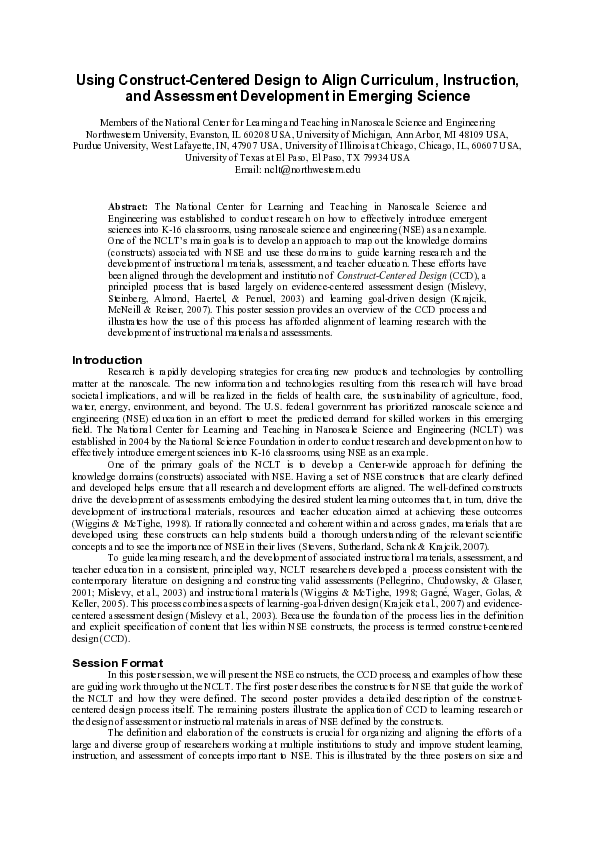 (PDF) Using construct-centered design to align curriculum, instruction ...