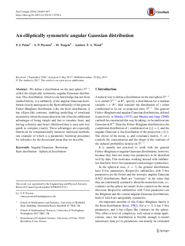 (PDF) An elliptically symmetric angular Gaussian distribution