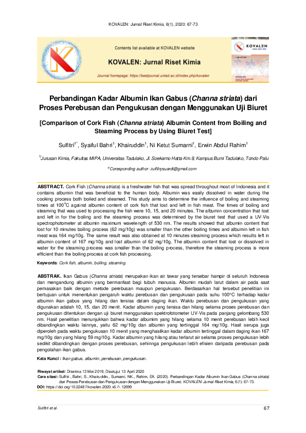 (PDF) Perbandingan Kadar Albumin Ikan Gabus (Channa striata) dari ...