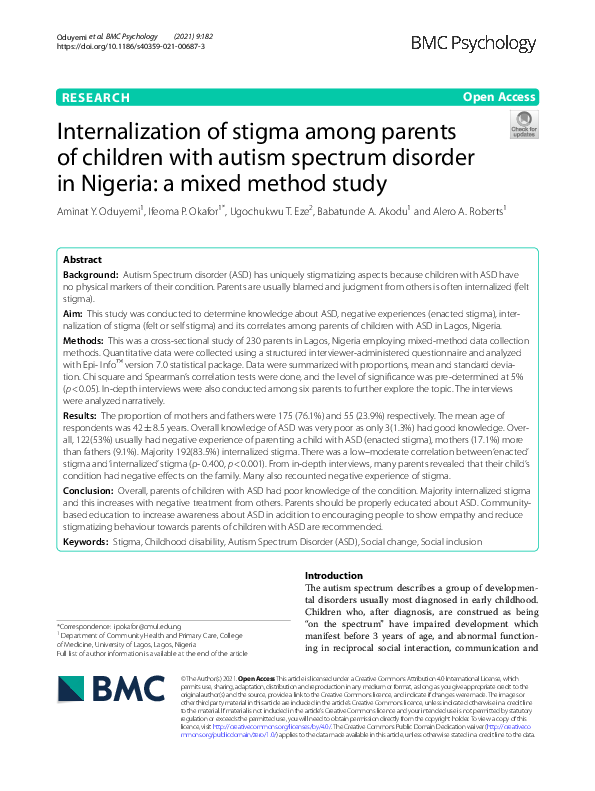 (PDF) Internalization of stigma among parents of children with autism ...