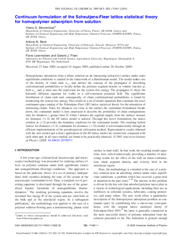 (PDF) Continuum formulation of the Scheutjens-Fleer lattice statistical theory for homopolymer ...