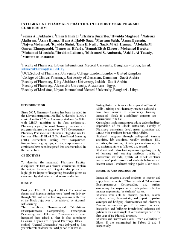 (PDF) Integrating Pharmacy Practice Into First Year Pharmd Curriculum