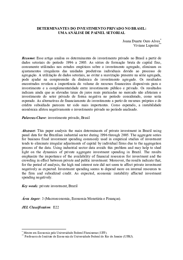 (PDF) Determinantes do investimento privado no Brasil: Uma análise de ...