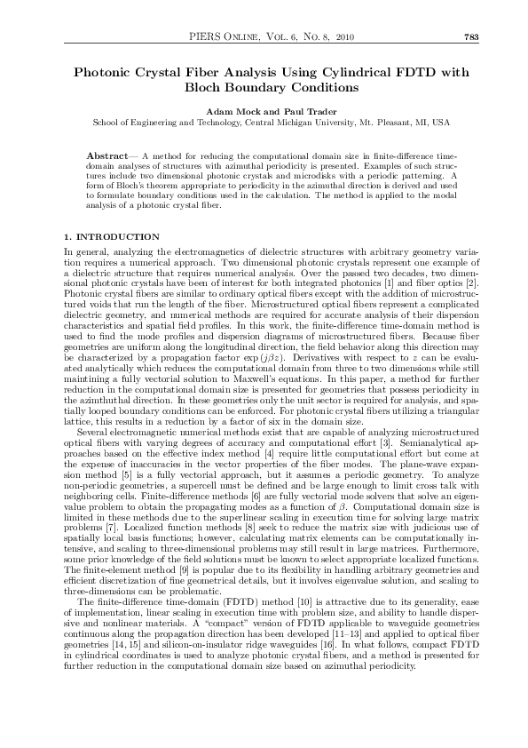 (PDF) Photonic Crystal Fiber Analysis Using Cylindrical FDTD with Bloch Boundary Conditions