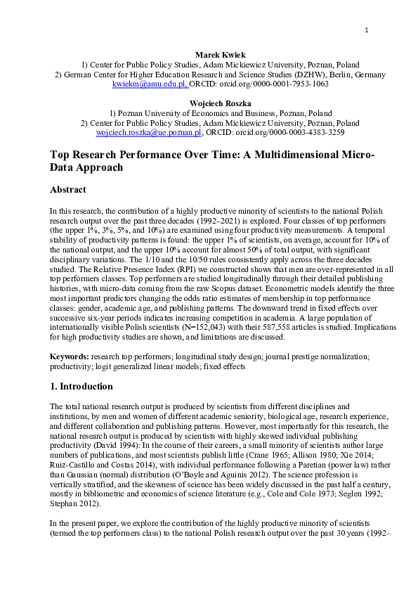 (PDF) Top Research Performance Over Time: A Multidimensional Micro-Data ...