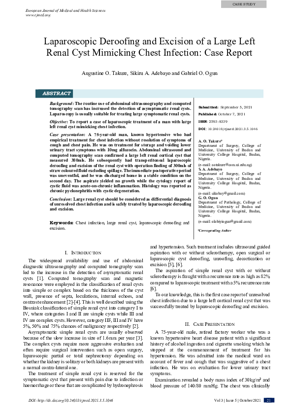 (PDF) Laparoscopic Deroofing and Excision of a Large Left Renal Cyst Mimicking Chest Infection ...