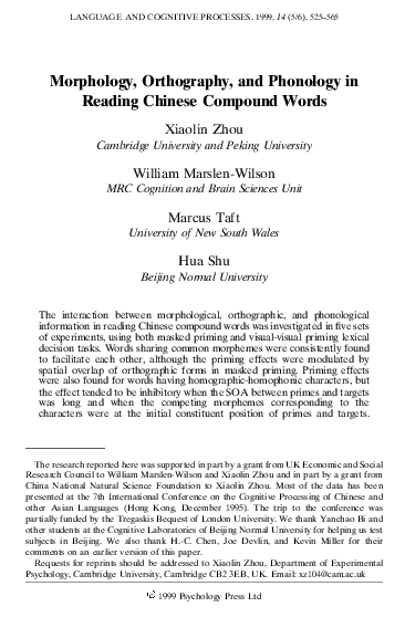 Pdf Morphology Orthography And Phonology Reading Chinese Compound Words