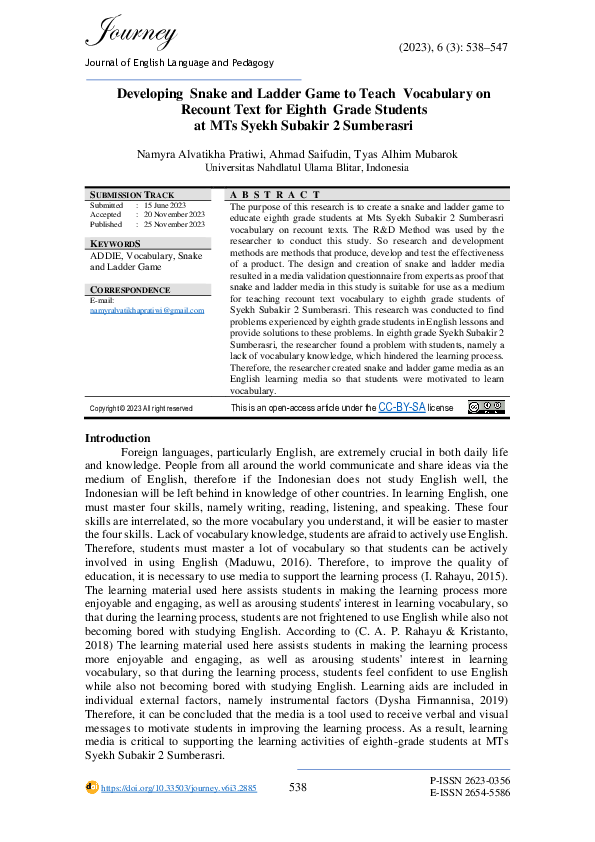 (PDF) Developing Snake and Ladder Game to Teach Vocabulary on Recount ...
