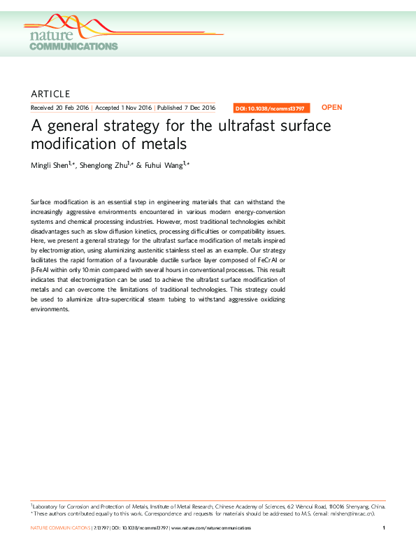 (PDF) A general strategy for the ultrafast surface modification of metals