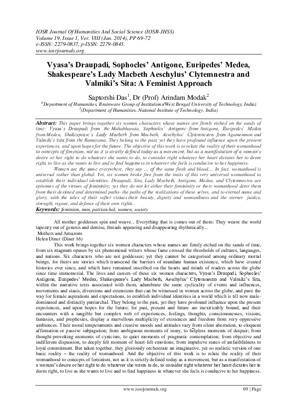 (PDF) Vyasa’s Draupadi, Sophocles’ Antigone, Euripedes’ Medea ...