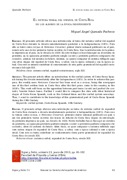 (PDF) El sistema verbal del español de Costa Rica en los albores de la ...