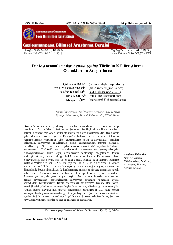 (PDF) Deniz Anemonlarından Actinia equina Türünün Kültüre Alınma ...
