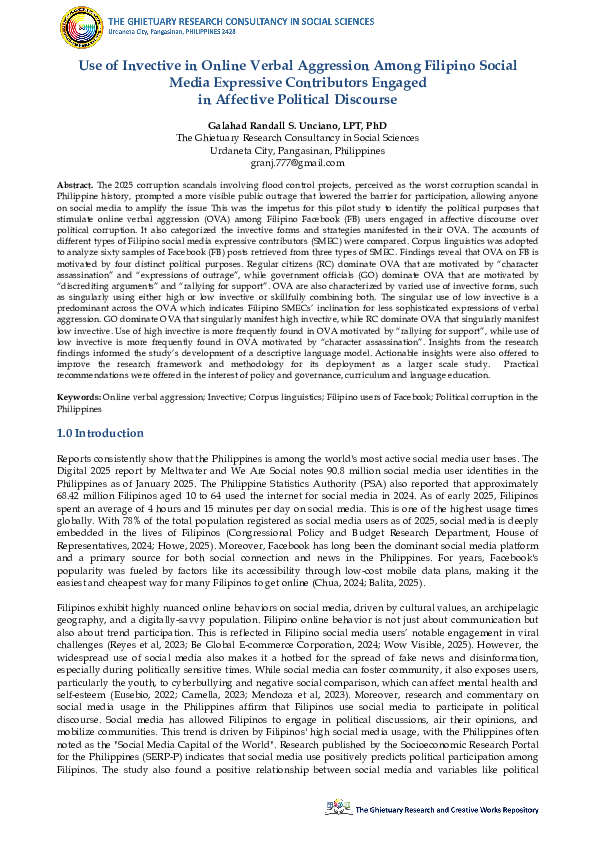 (PDF) Use of Invective in Online Verbal Aggression Among Filipino ...