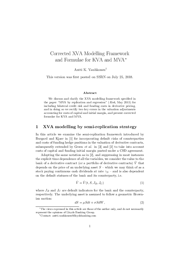 (PDF) Corrected XVA Modelling Framework and Formulae for KVA and MVA