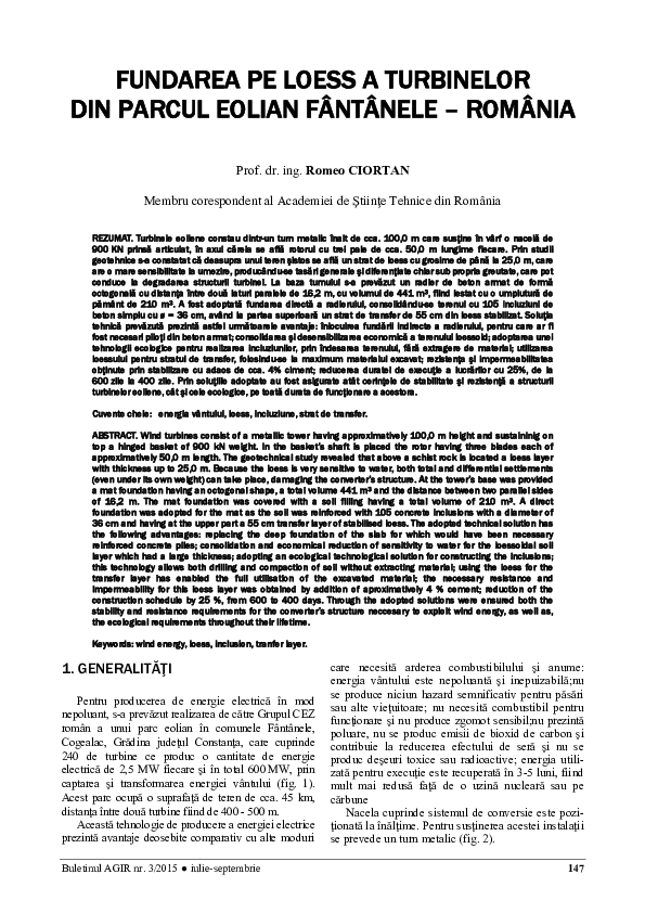 (PDF) FUNDAREA PE LOESS A TURBINELOR DIN PARCUL EOLIAN FÂNTÂNELE -ROMÂNIA