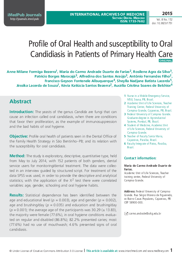 (PDF) Profile of Oral Health and susceptibility to Oral Candidiasis in ...