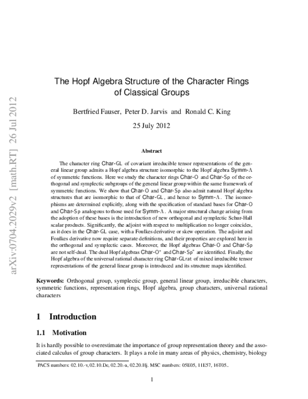 (PDF) The Hopf algebra structure of the character rings of classical groups