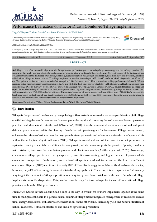 (PDF) Performance Evaluation of Tractor Drawn Combined Tillage Implement