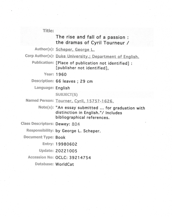 (PDF) The Rise and Fall of a Passion. The Dramas of Cyril Tourneur